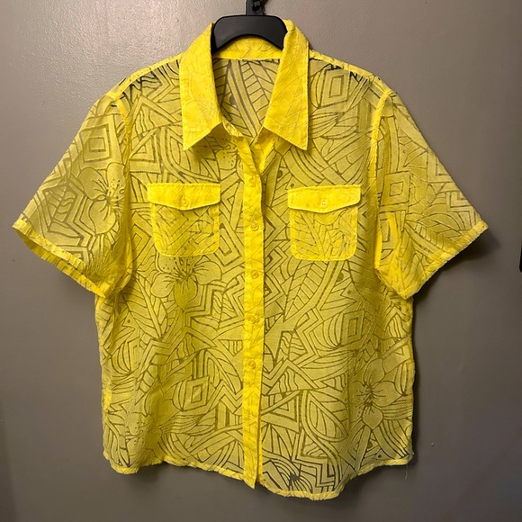 Tops | Yellow Boxy Cut Floral Burnout Blouse Short Sleeve Full Button ...